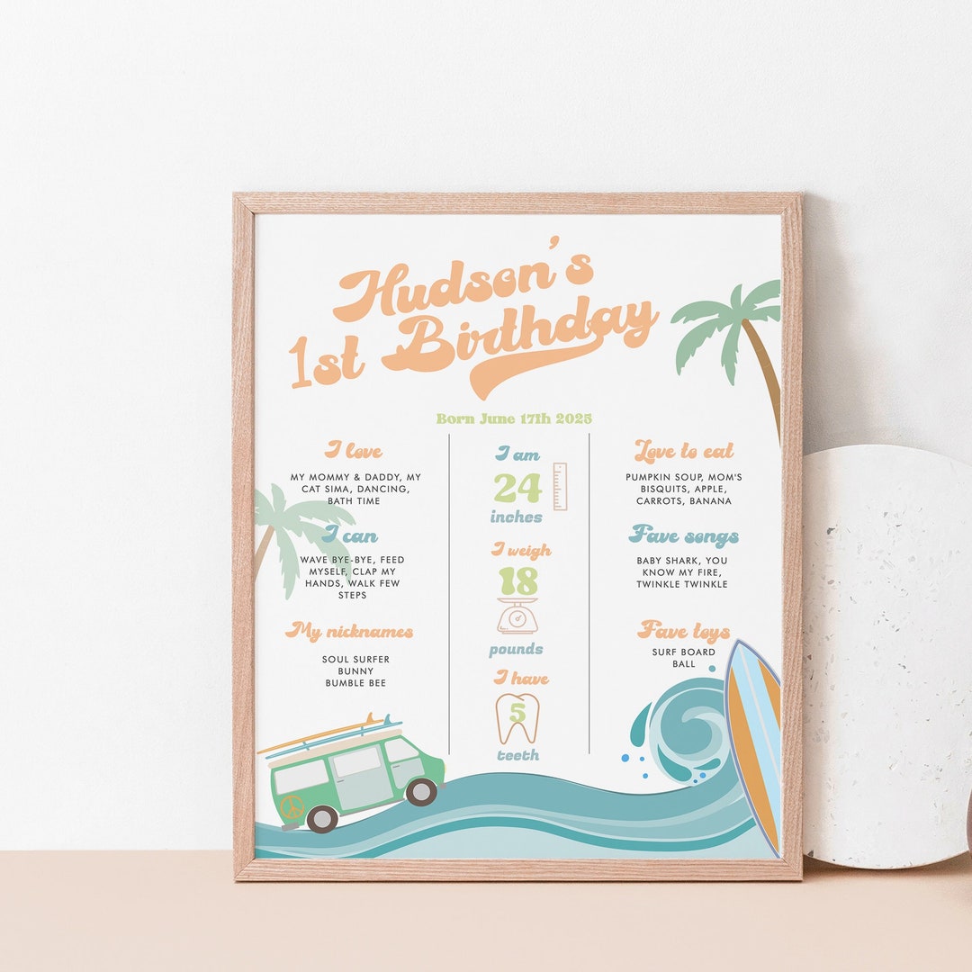 The Big One Surfing First Birthday Milestones Sign Printable, Retro ...