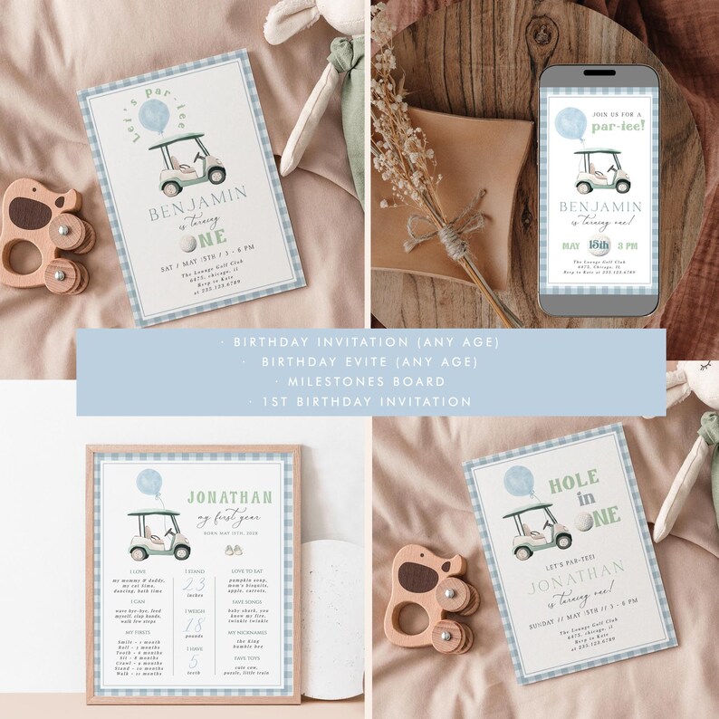 Golf 1st Birthday Invitation Bundle: Blue Gingham Par-tee Decor ...