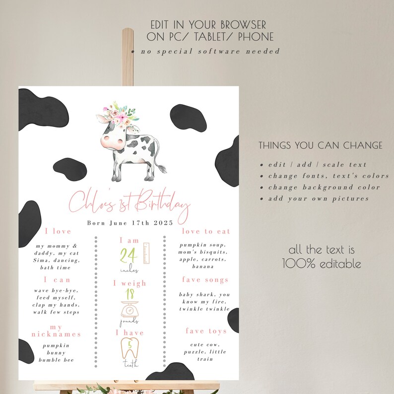 Cow First Birthday Milestones Sign Printable Farm Animal - Etsy