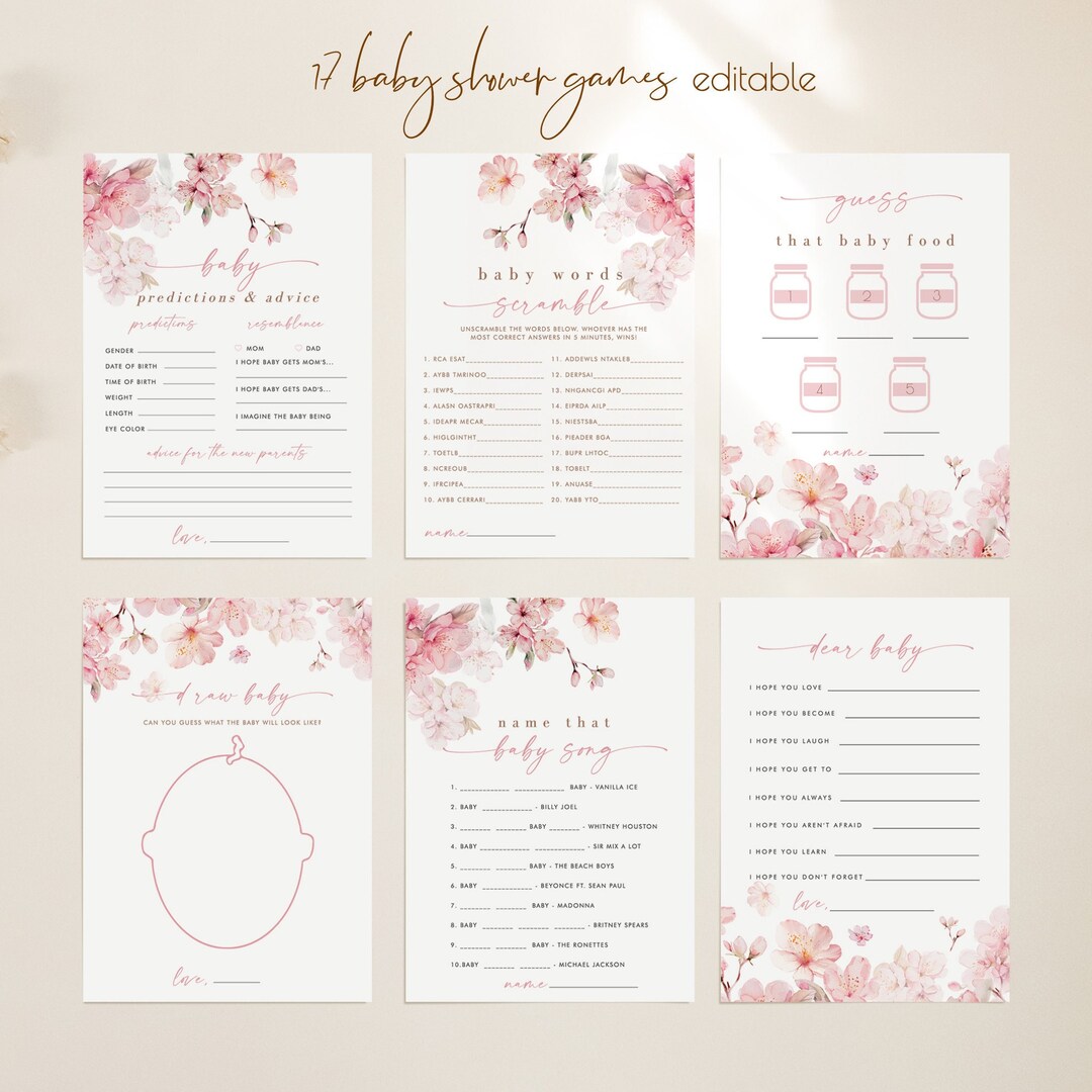 Editable Cherry Blossom Baby Shower Games Bundle, Spring Pink Floral ...