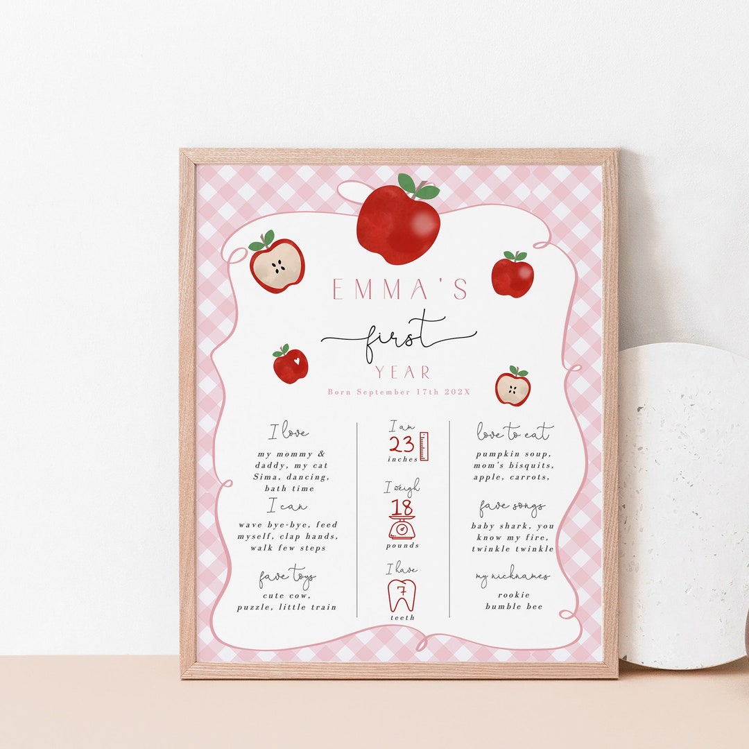 Apple First Birthday Milestones Sign Printable, Pink Gingham Apple ...