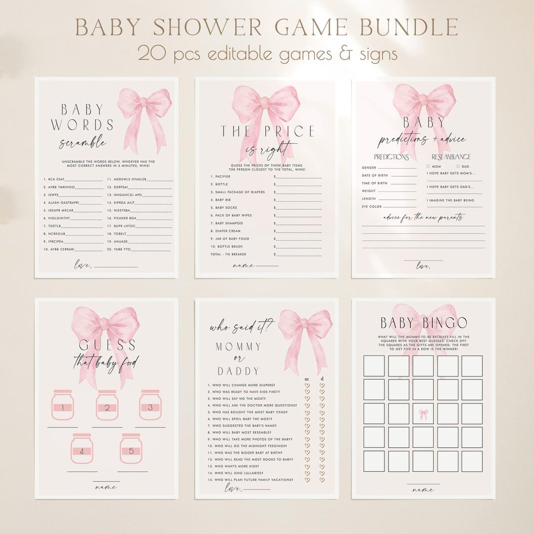 Silk Pink Bow Baby Shower Game Bundle Editable, Coquette Baby Sprinkle ...