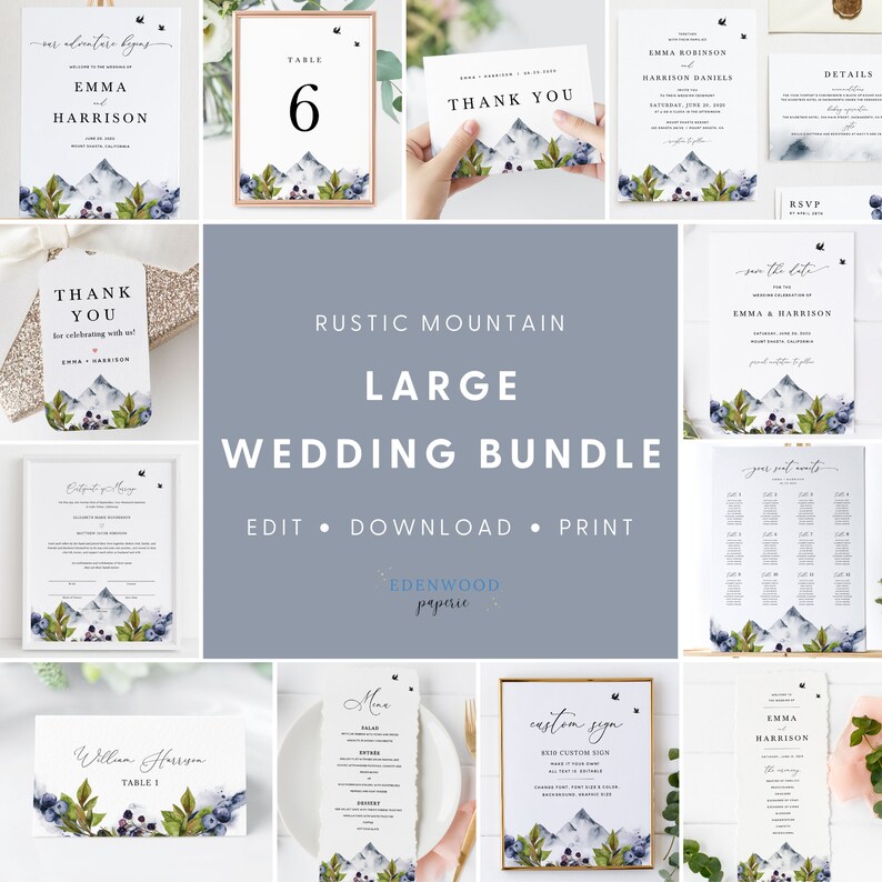 Rustic Mountain Wedding Template Bundle, Rustic Wedding Invitation Set ...