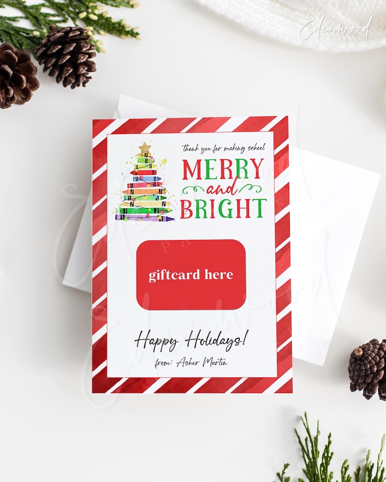Merry and Bright Teacher Gift Card Holder, Editable Christmas Teacher ...