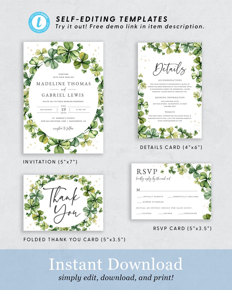 Shamrock Wedding Invitation Set, St. Patrick's Day Wedding Invitation ...