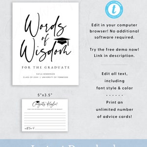Words of Wisdom Graduation Sign & Card Template, Printable Graduation ...