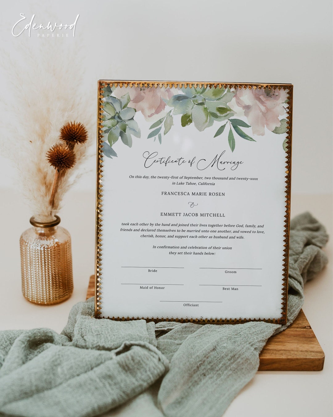 Boho Floral Wedding Marriage Certificate Keepsake, Decorative Marriage ...