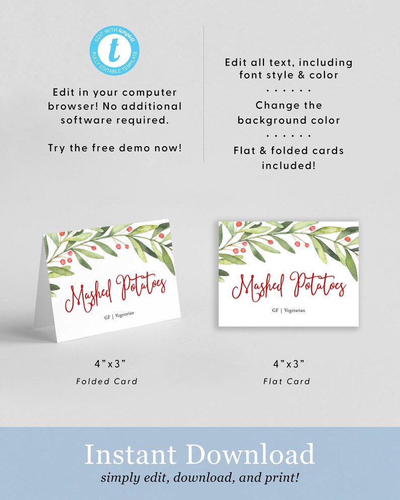 Printable Christmas Buffet Cards, Holiday Food Label Cards, Editable ...