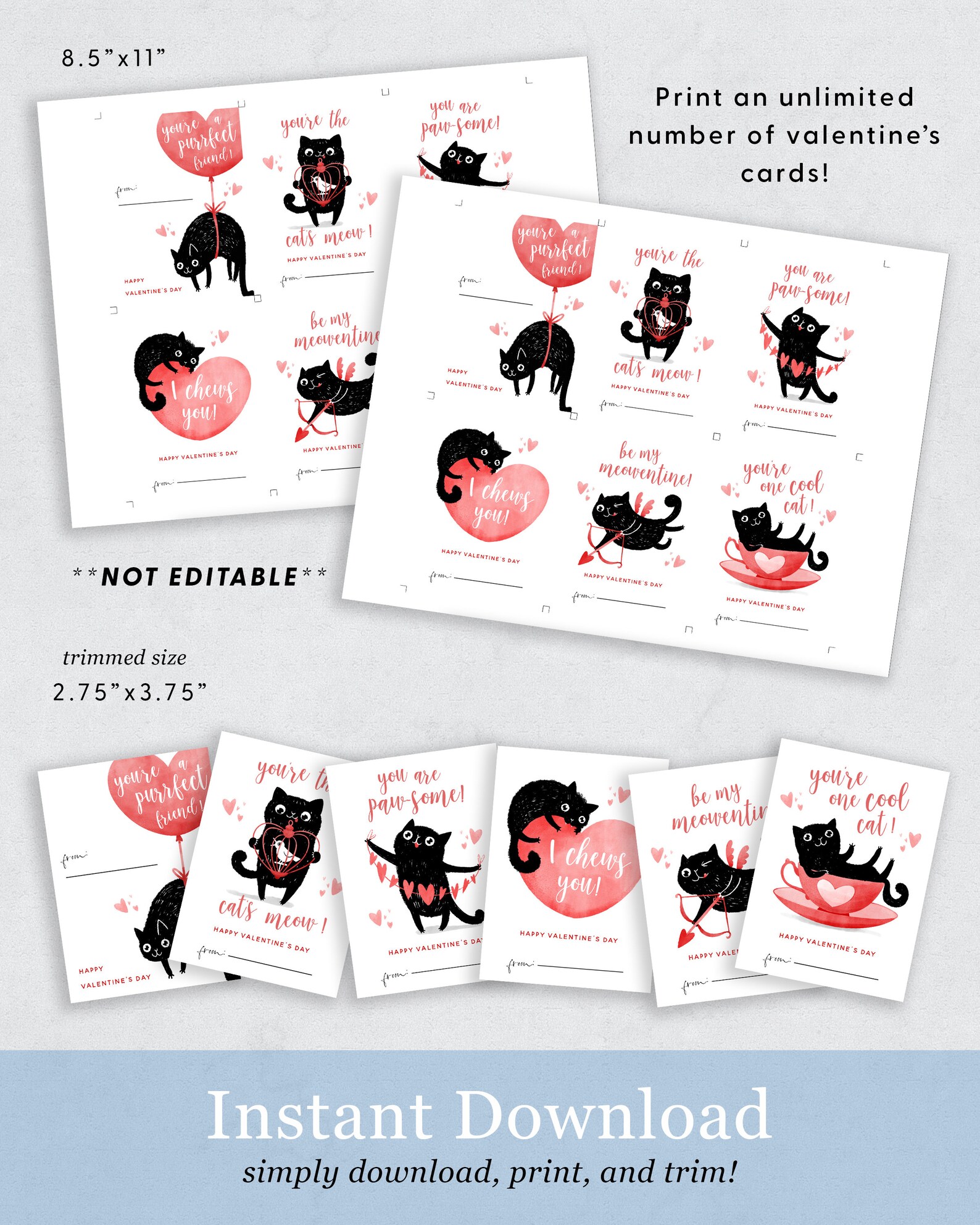 Printable Cat Valentine's Day Cards Classroom | Etsy