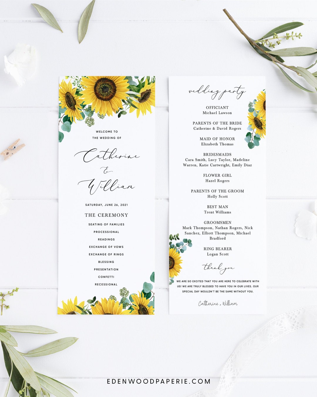 Sunflower Wedding Program Template, Rustic Sunflower Eucalyptus Wedding ...