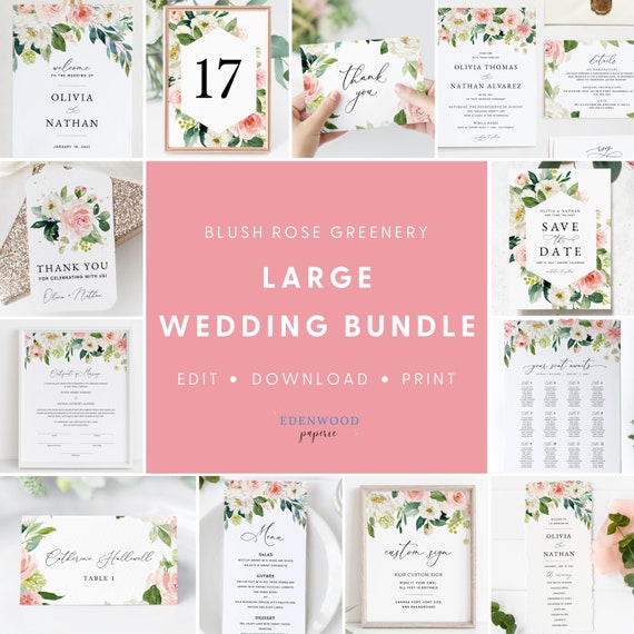 Blush Rose Wedding Template Bundle Pink Floral Wedding | Etsy