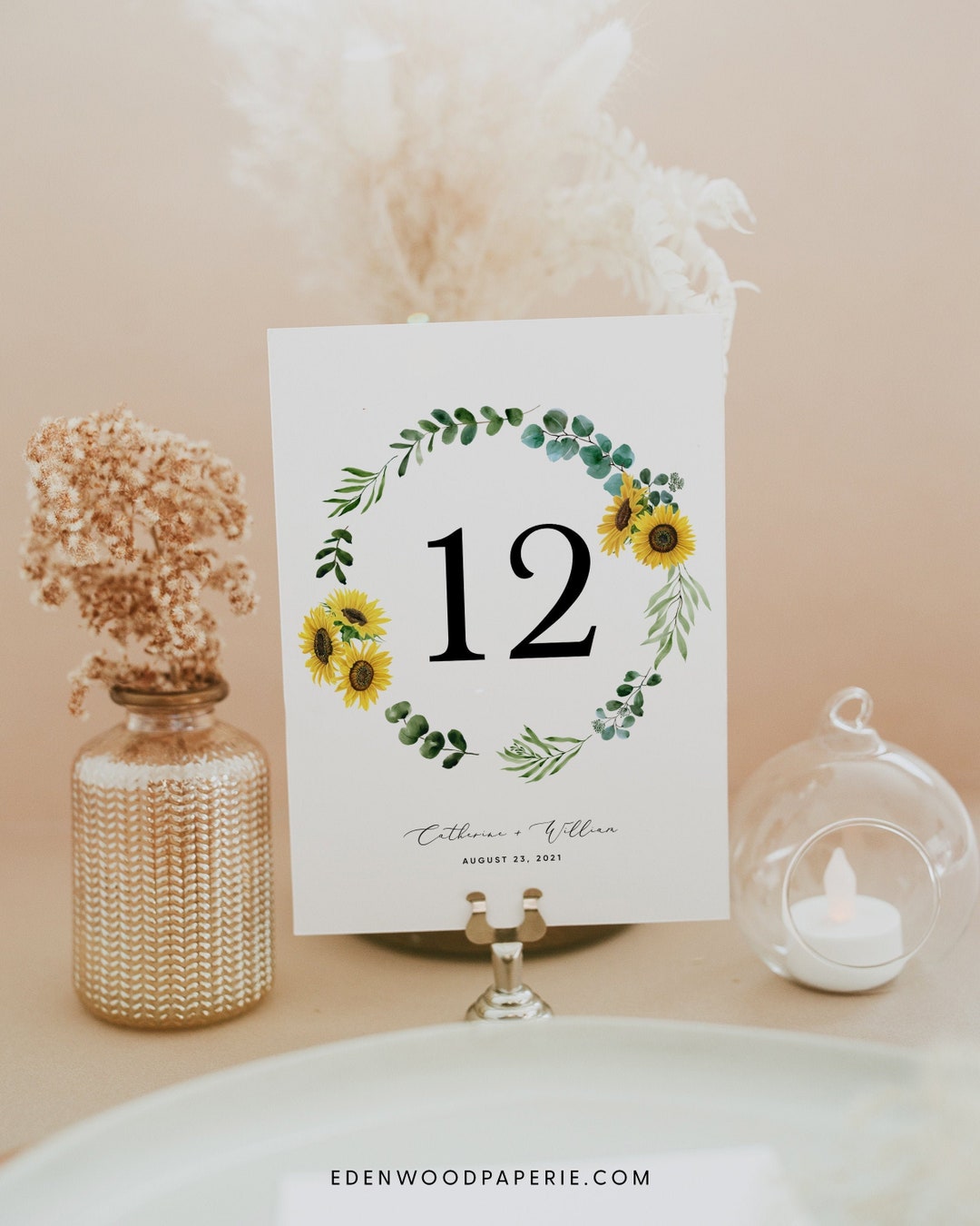 Sunflower Wedding Table Numbers Template, Eucalyptus Wedding Table ...