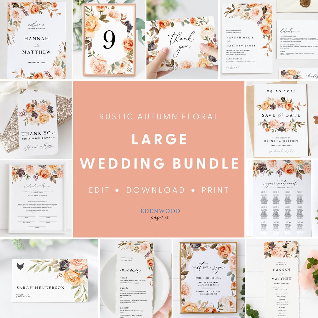 Autumn Wedding Template Bundle, Fall Wedding Invitation Set, Printable ...
