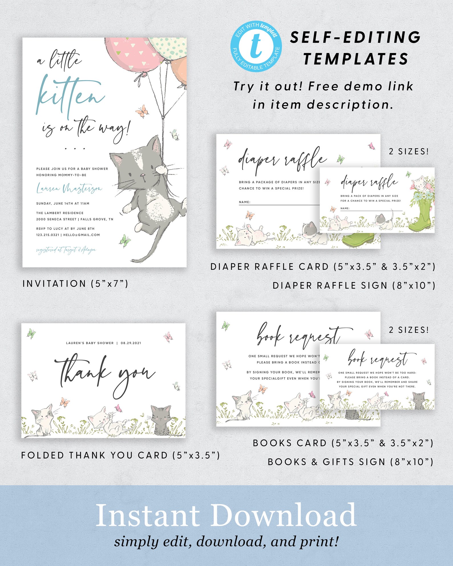 Kitten Baby Shower Invitation Template, Editable Baby Shower Invitation ...
