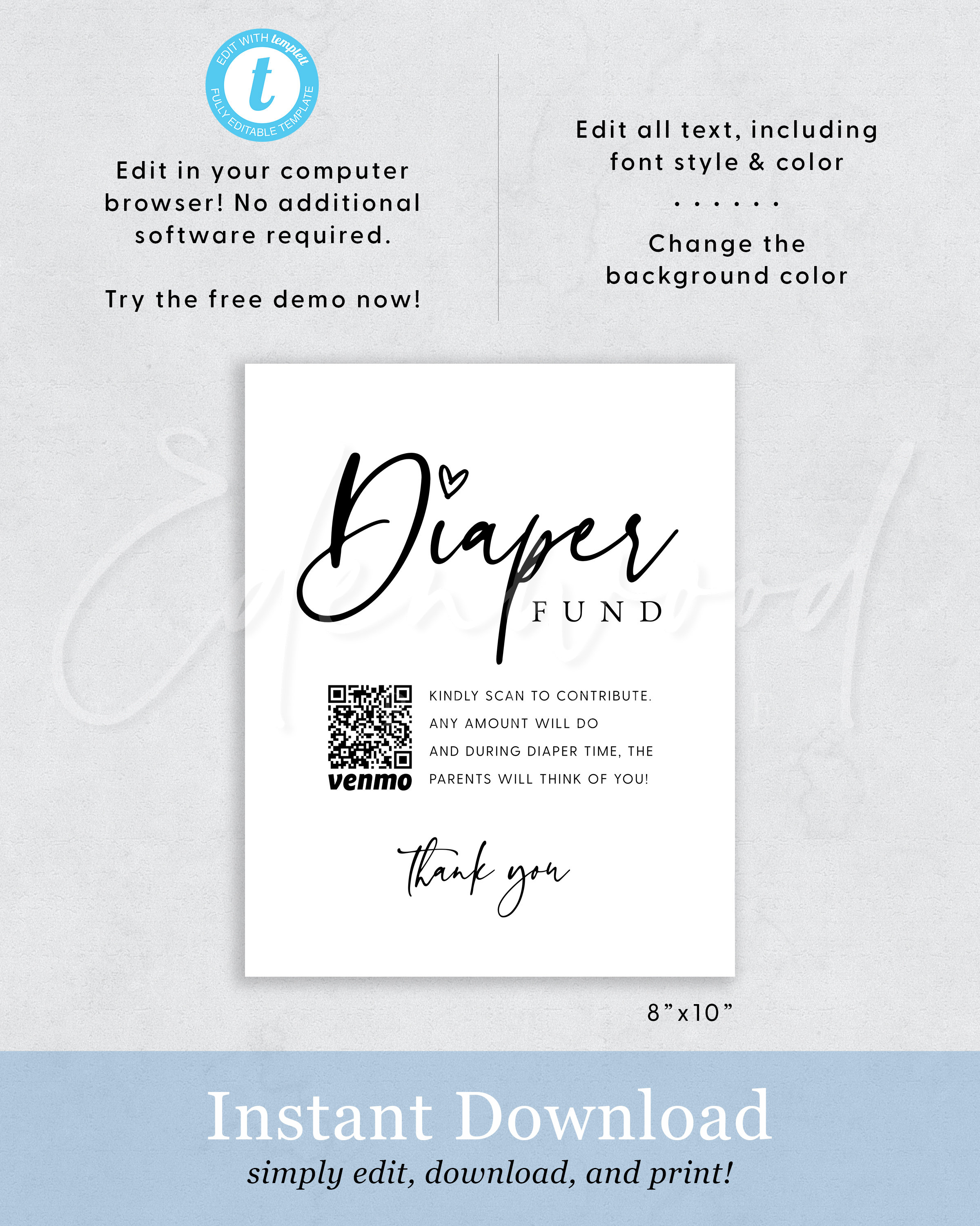 Printable Diaper Fund Sign, Baby Shower Diaper Fund Sign Template, QR ...
