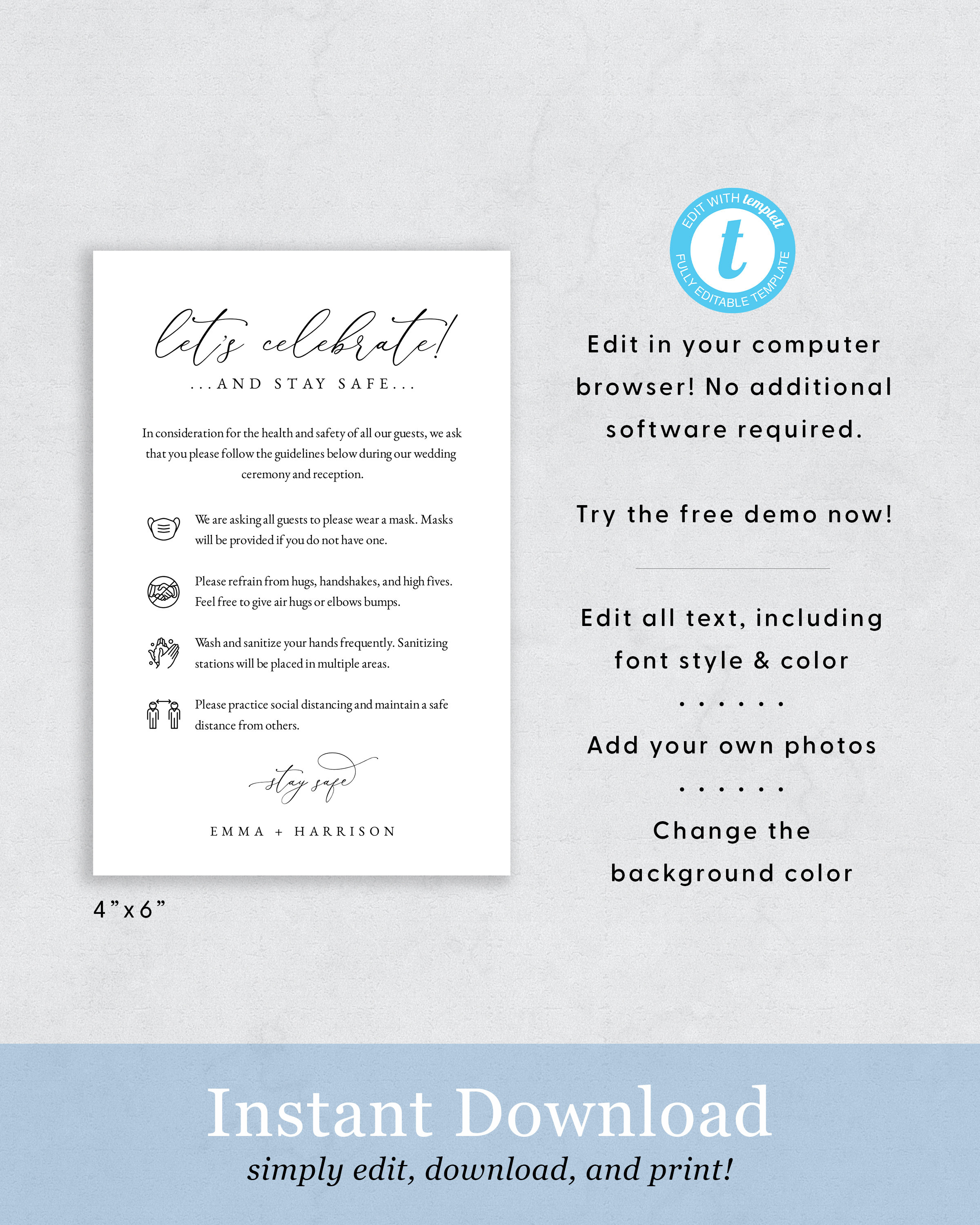 Covid Wedding Stay Safe Card, Wedding Safety Card Insert, Welcome Bag ...