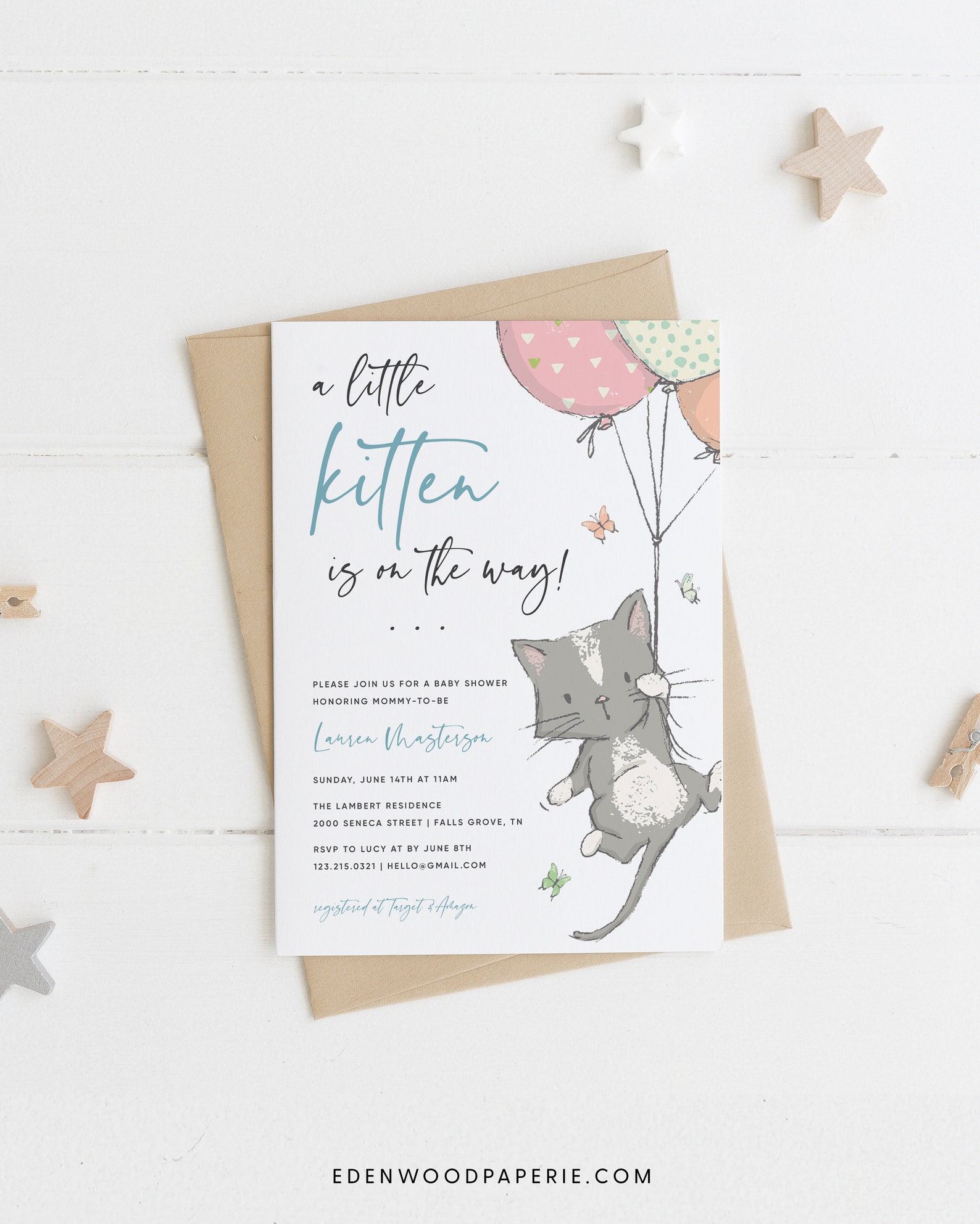Cat Baby Shower Invitation Template, Editable Baby Shower Invitation ...