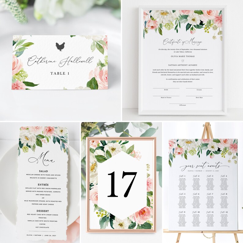 Blush Rose Wedding Template Bundle, Pink Floral Wedding Invitation Set ...
