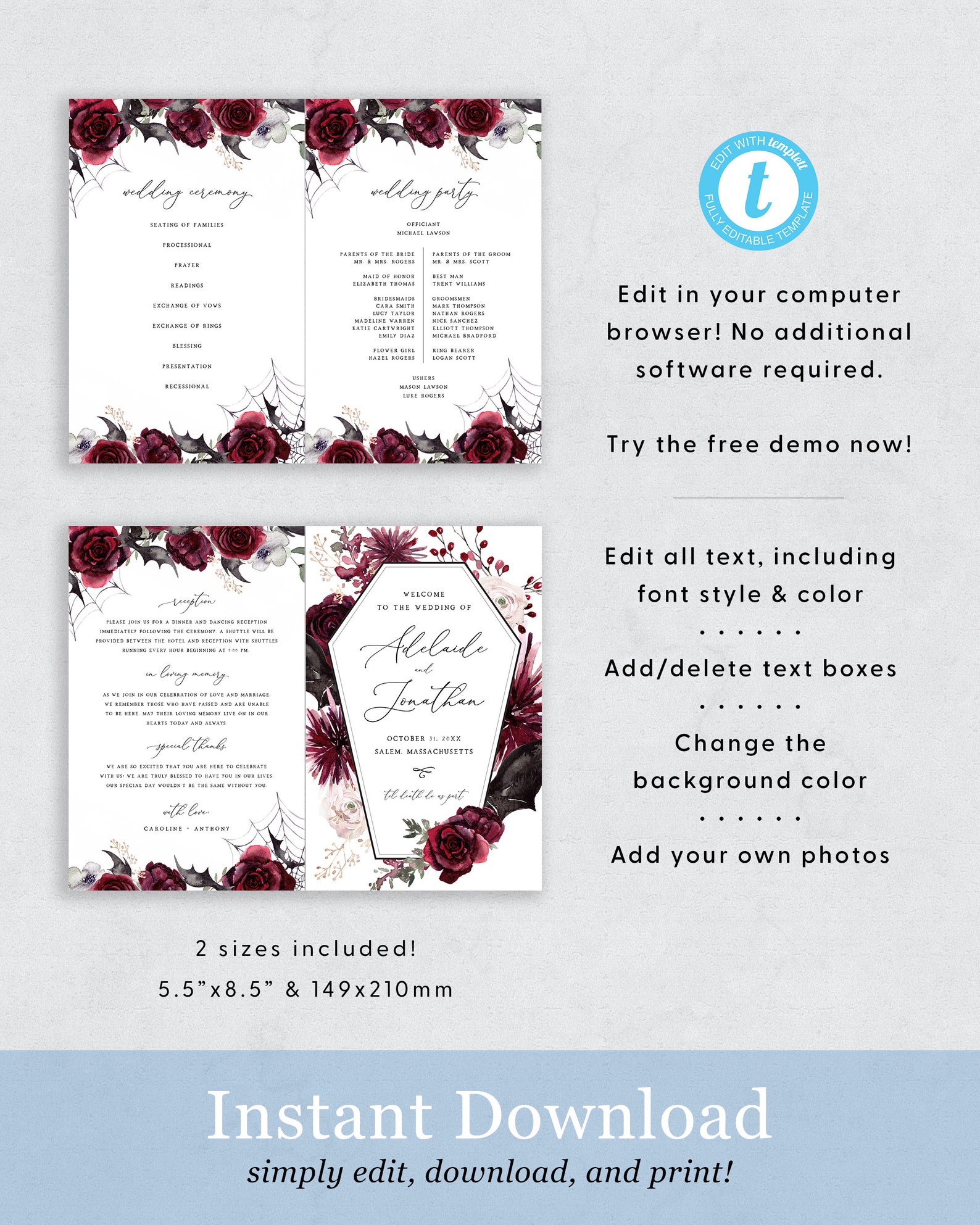 Folded Gothic Wedding Program Template Halloween Wedding | Etsy