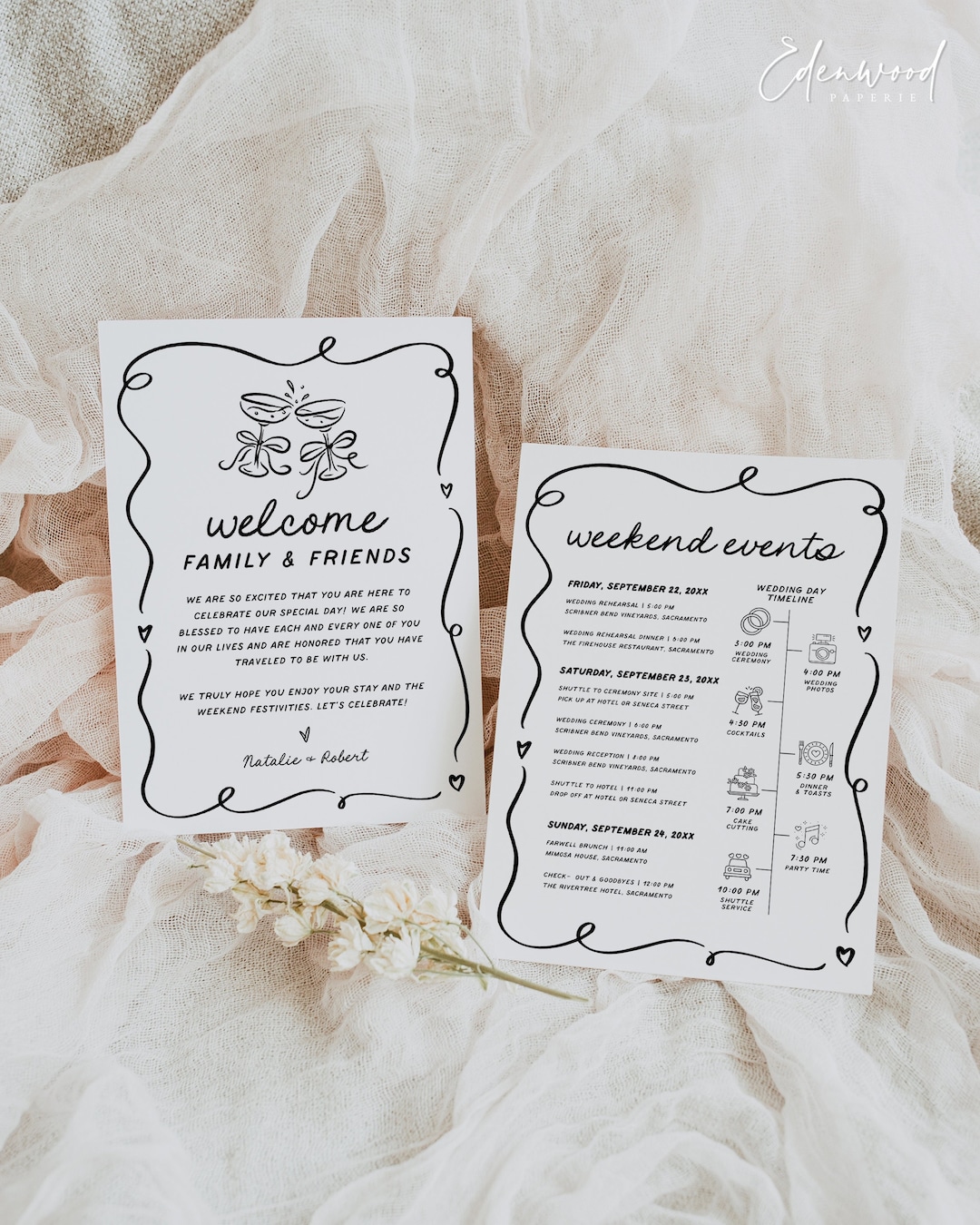 Hand Drawn Wedding Welcome Bag Letter & Timeline Template, Handwritten ...