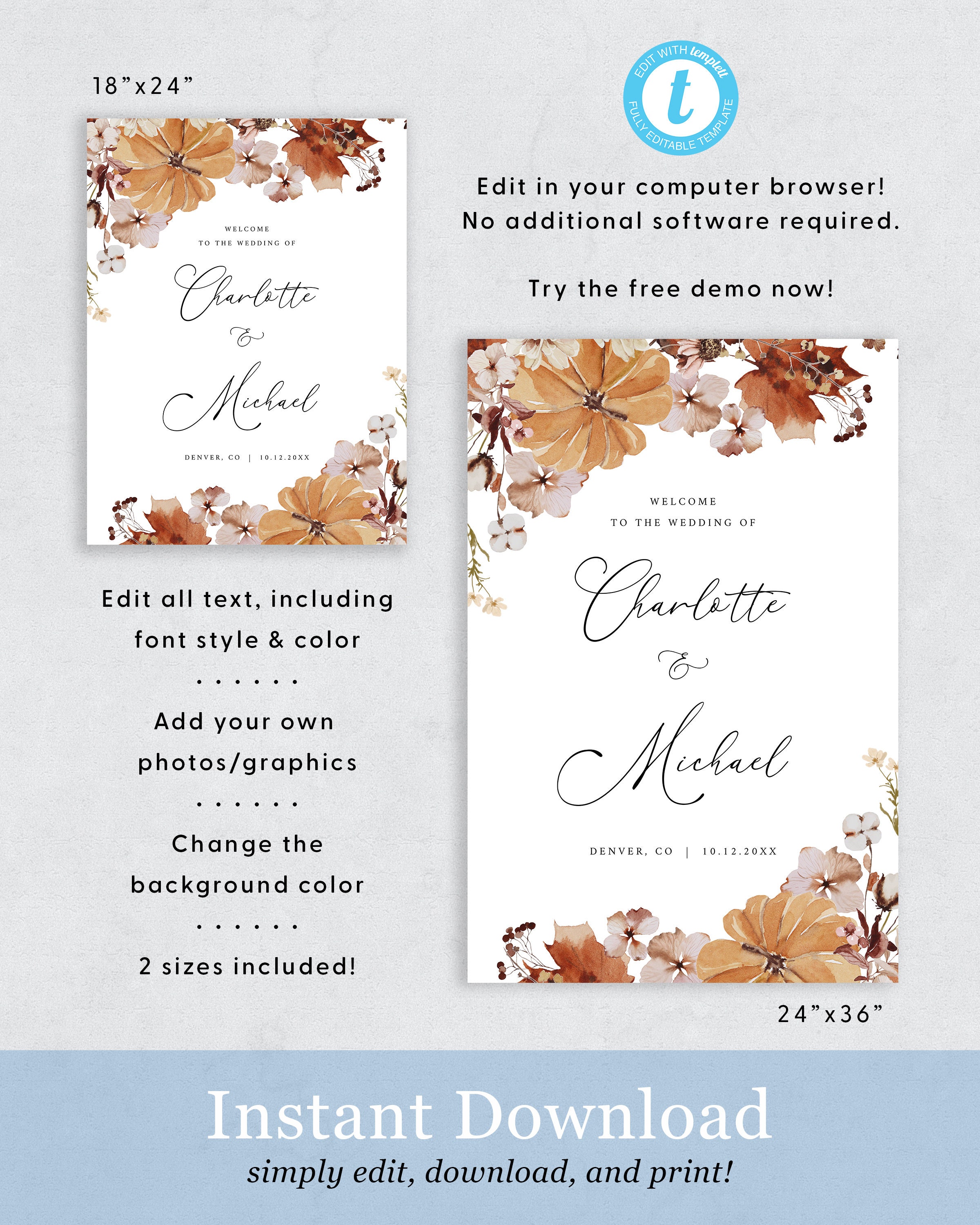 Rustic Fall Wedding Welcome Sign Template (18x24" & 24x36"), Autumn ...