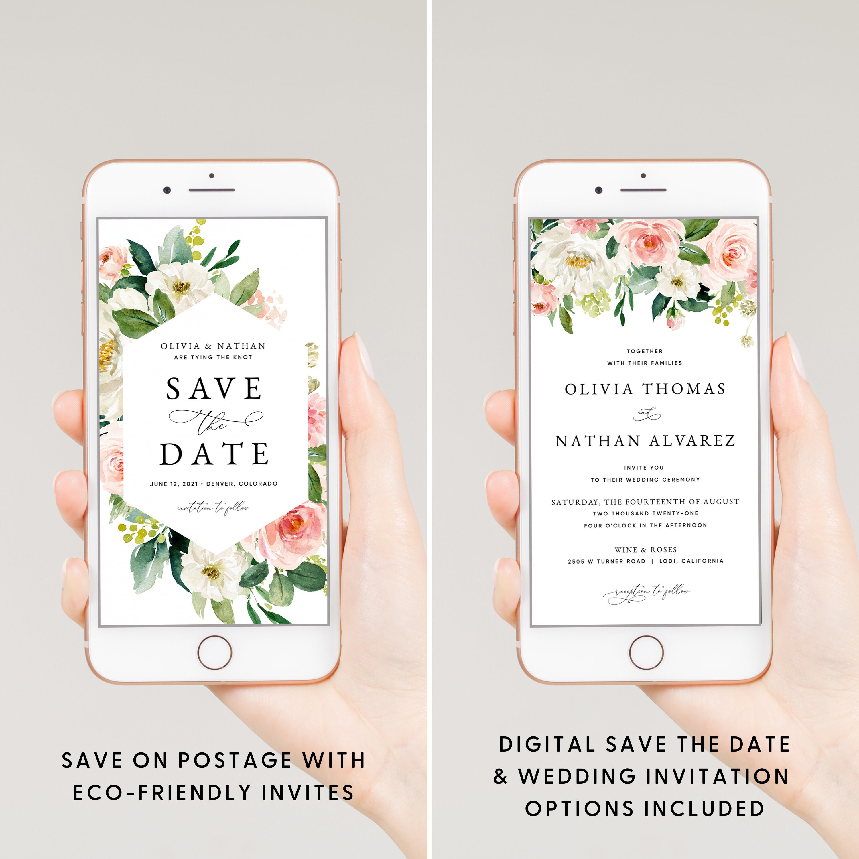 Blush Rose Wedding Template Bundle, Pink Floral Wedding Invitation Set ...