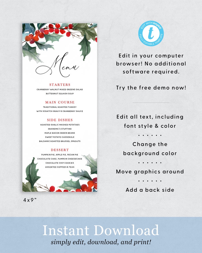Christmas Menu Christmas Menu Card Template Holiday Menu | Etsy