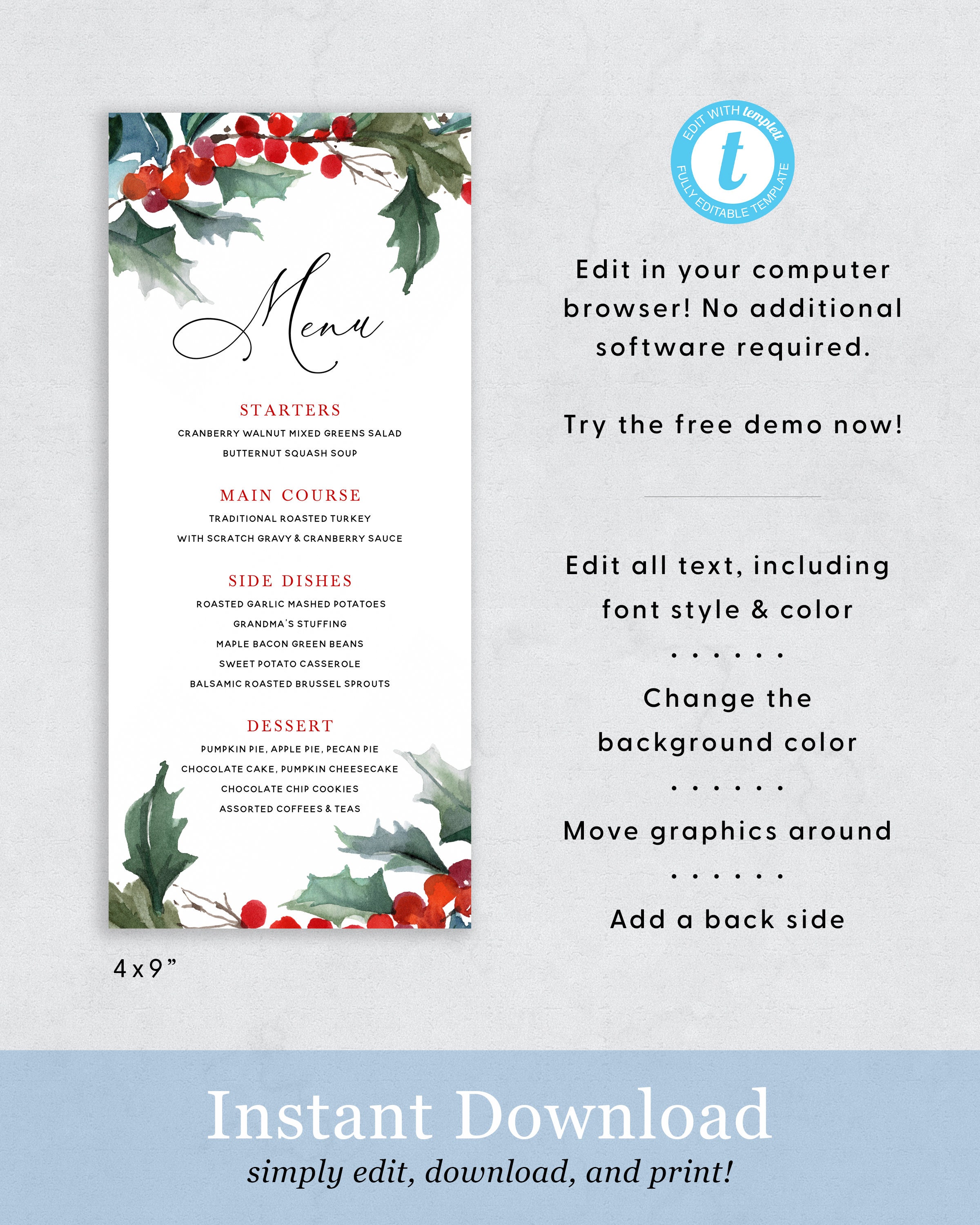 Christmas Menu Christmas Menu Card Template Holiday Menu - Etsy