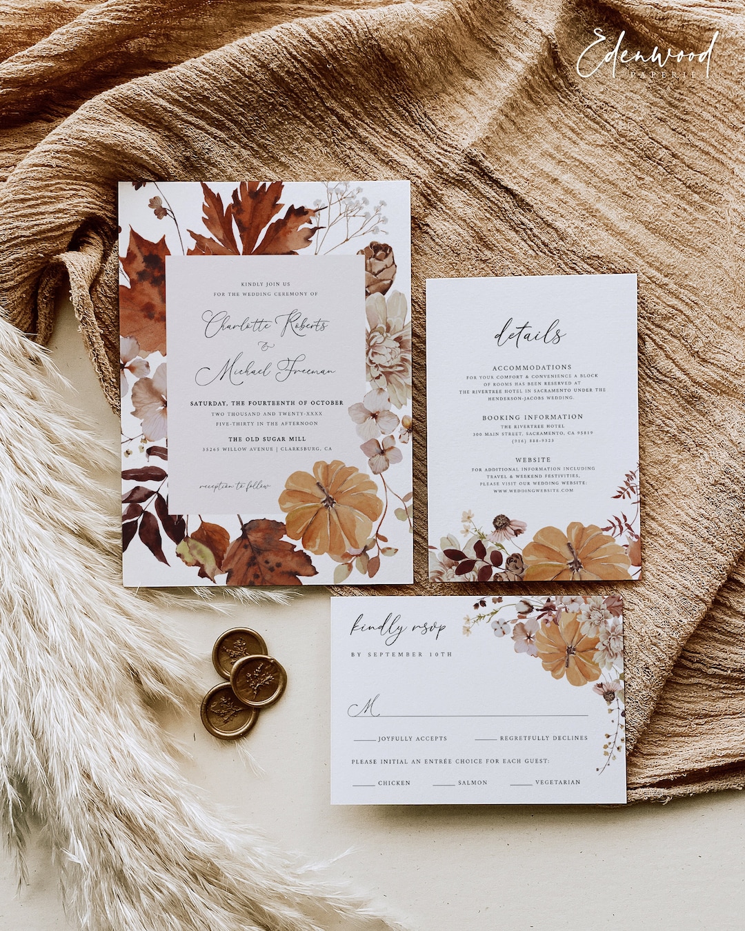 Rustic Fall Wedding Invitation Template Suite, Autumn Wedding Invitation Set, Printable Fall ...