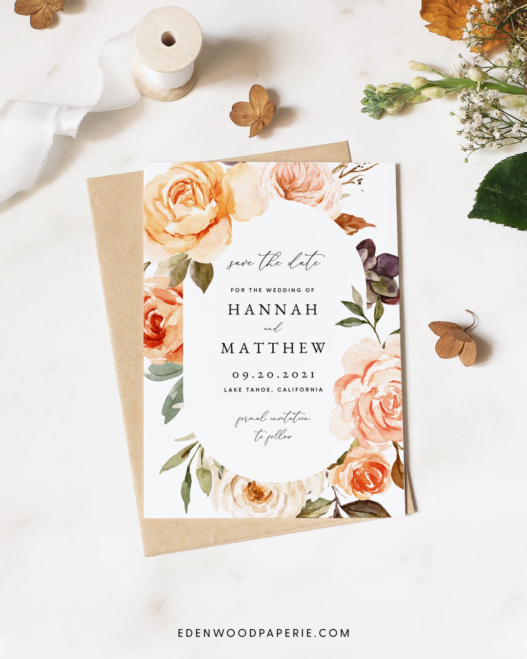 Fall Wedding Save the Date Invitation Template, Floral Autumn Wedding ...