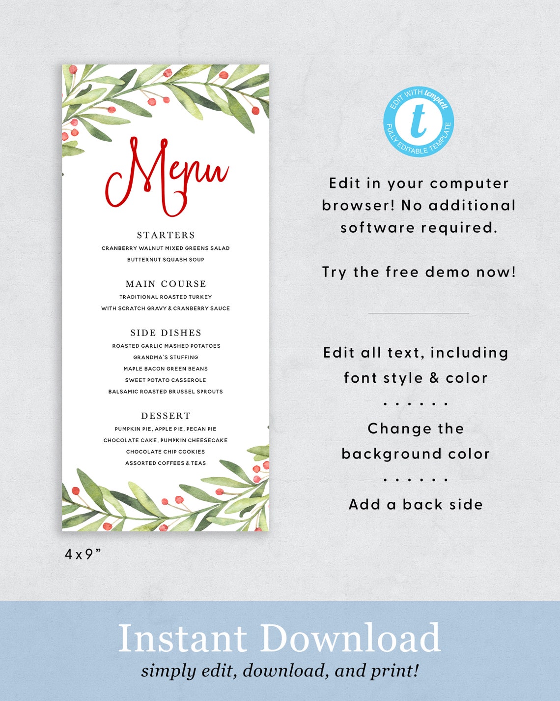 Christmas Menu Card Template Editable Holiday Menu Printable | Etsy
