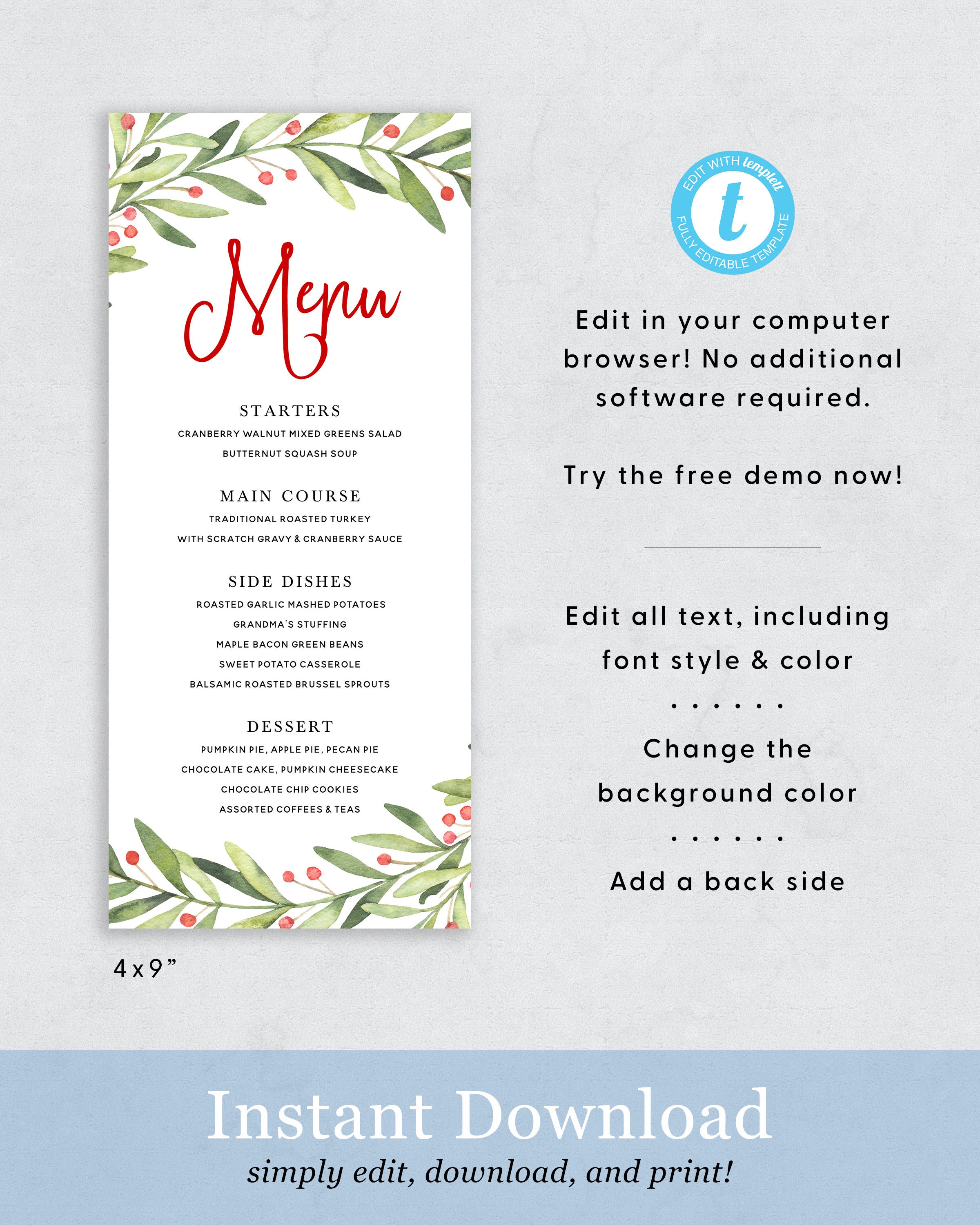 Christmas Menu Card Template Editable Holiday Menu Printable - Etsy