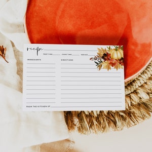 Fall Pumpkin Recipe Card, Thanksgiving Recipe Card Template, 4x6 Recipe ...