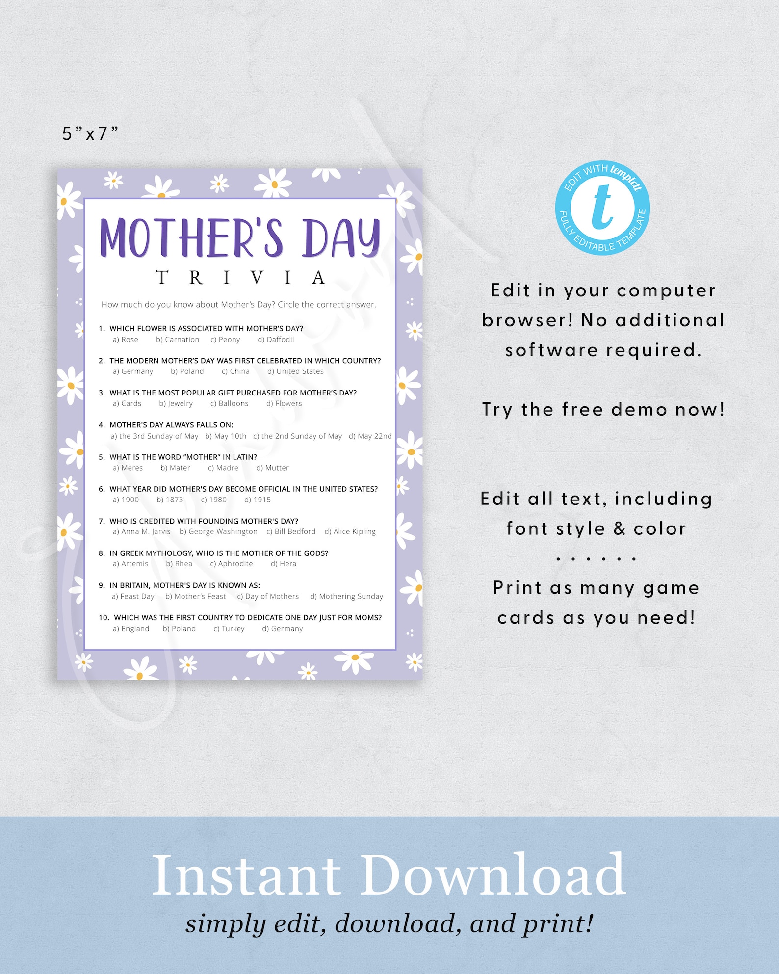 Mother's Day Trivia Game, Printable Mother's Day Activities, Mother's ...