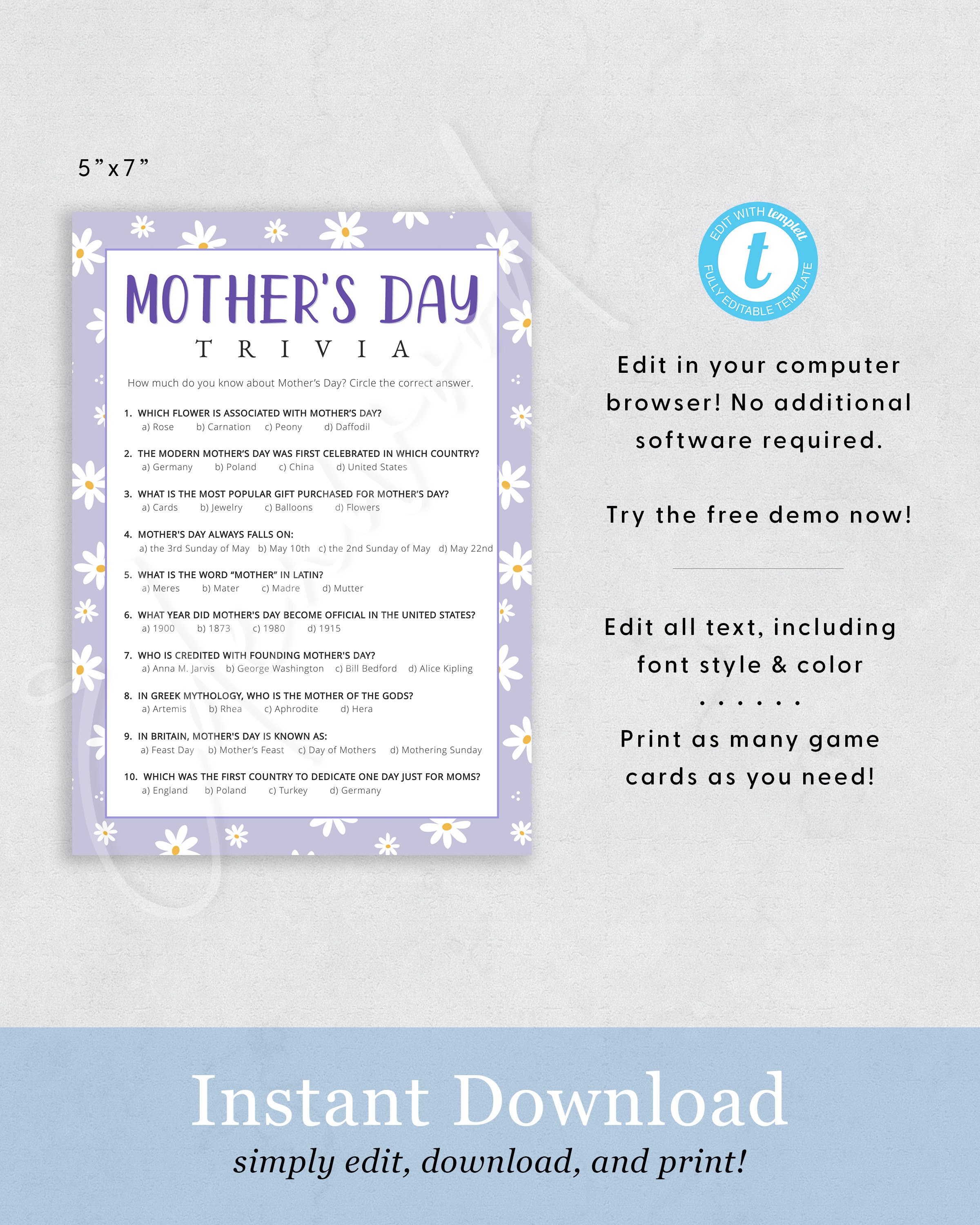 Mother's Day Trivia Game, Printable Mother's Day Activities, Mother's ...