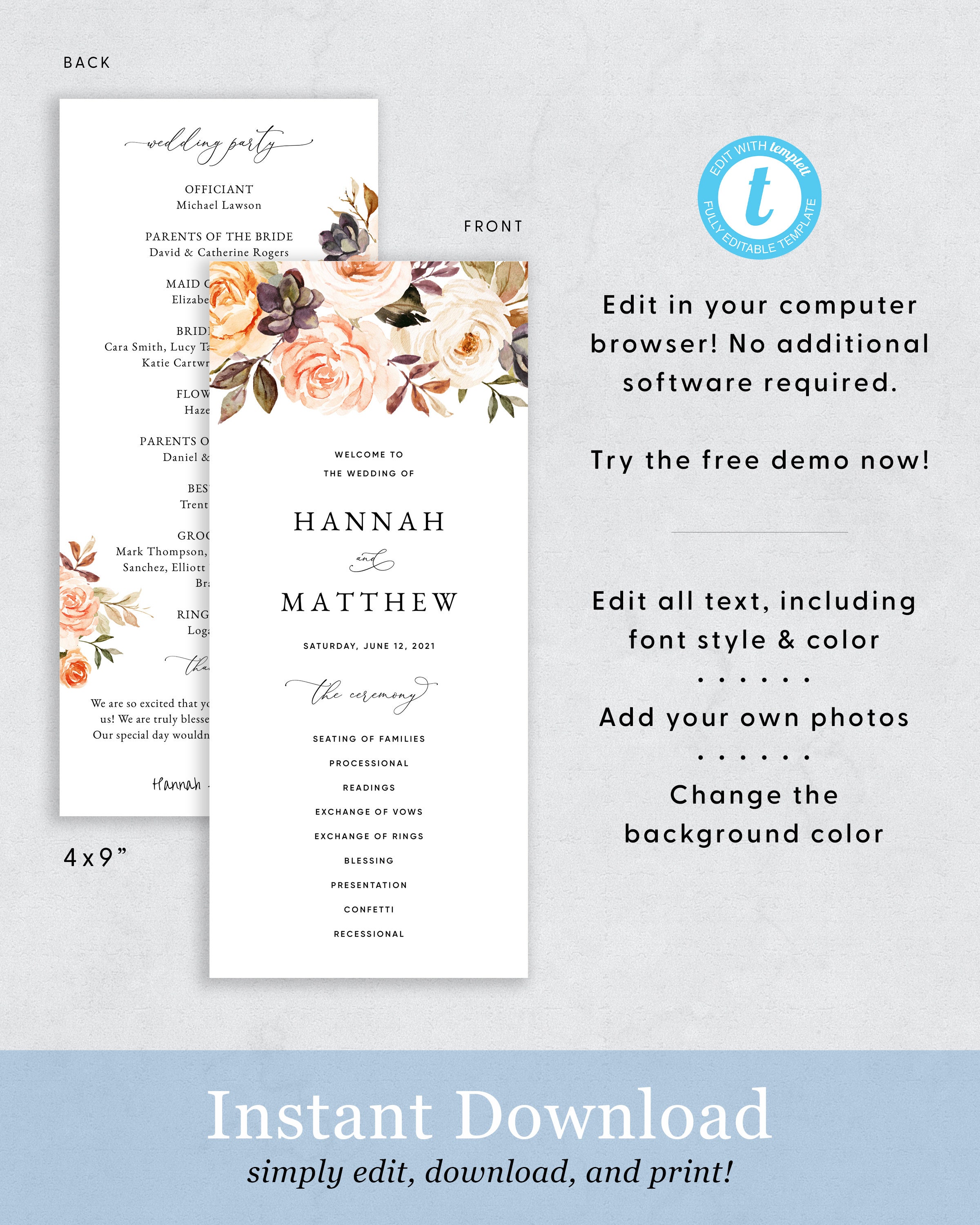 Fall Wedding Ceremony Program Template Autumn Wedding - Etsy
