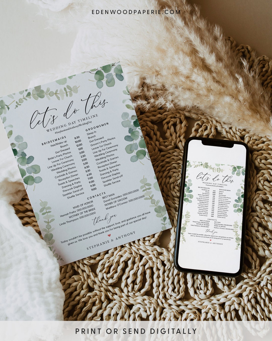 Eucalyptus Wedding Day Timeline Template, Wedding Day Itinerary ...