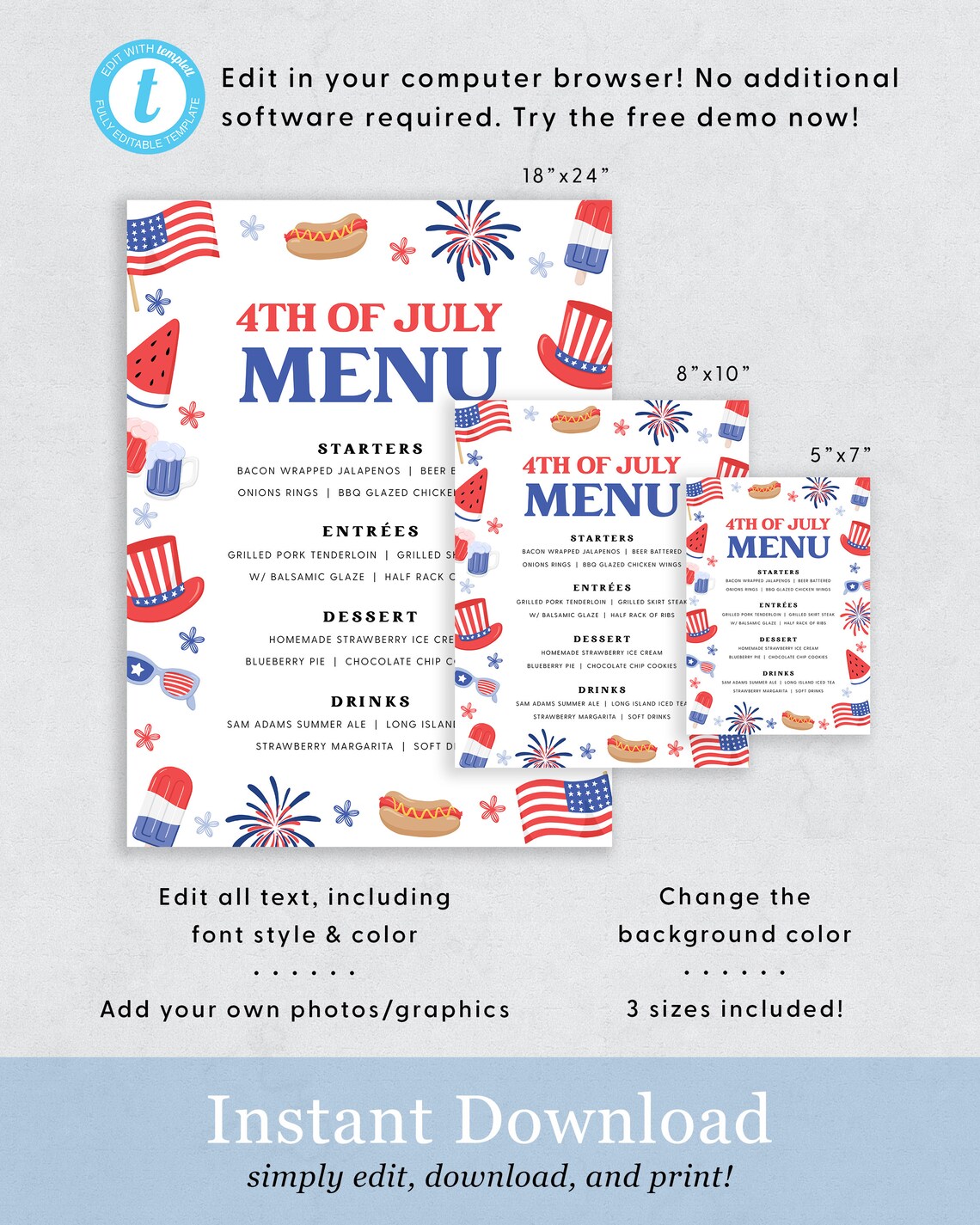 Editable July 4th Menu Template, Patriotic Independence Day Menu Sign ...