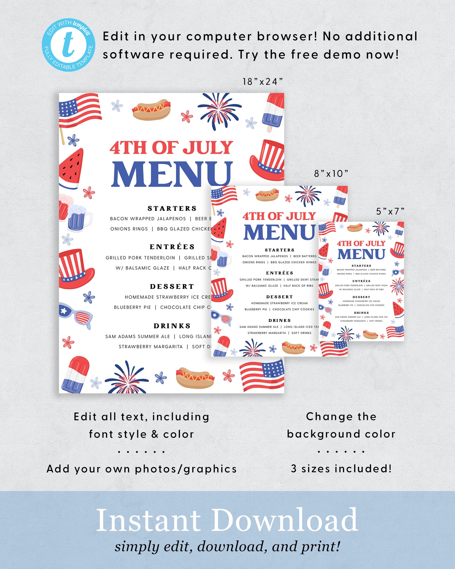 Editable July 4th Menu Template, Patriotic Independence Day Menu Sign ...