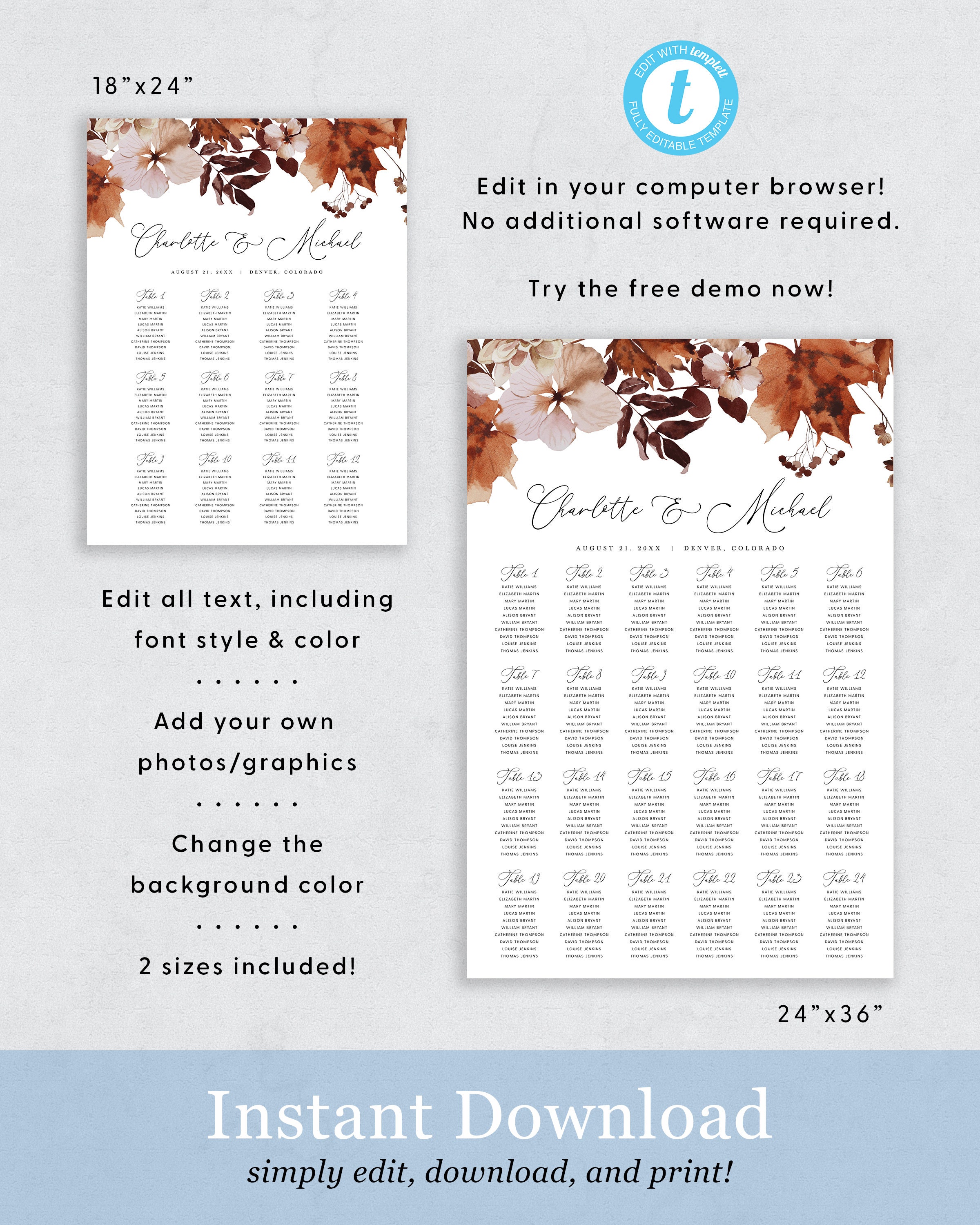 Fall Wedding Seating Chart Template 18x24 & - Etsy