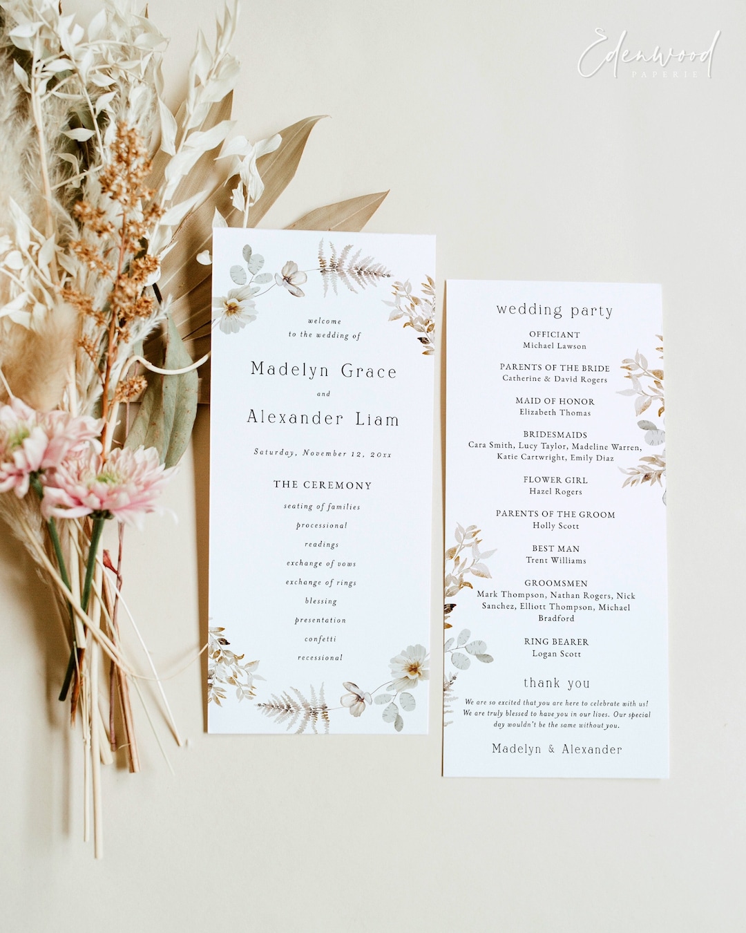 Elegant Wedding Ceremony Program Template, Wildflower Wedding Program ...