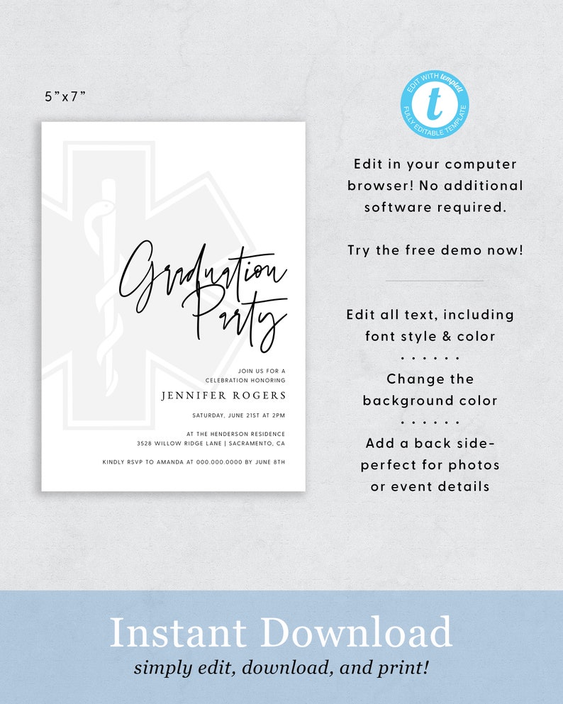 EMS Paramedic Graduation Invitation Template, Printable Graduation ...