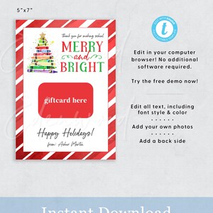 Merry and Bright Teacher Gift Card Holder, Editable Christmas Teacher ...