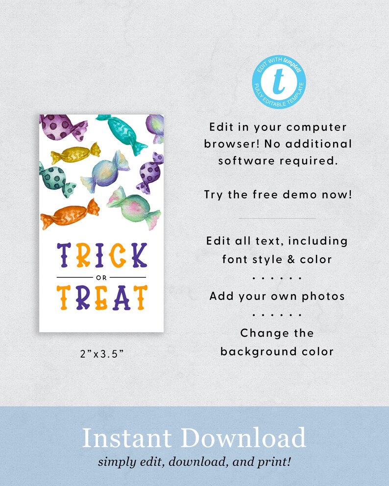 Printable Halloween Candy Tags, Trick or Treat Halloween Favor Tag ...
