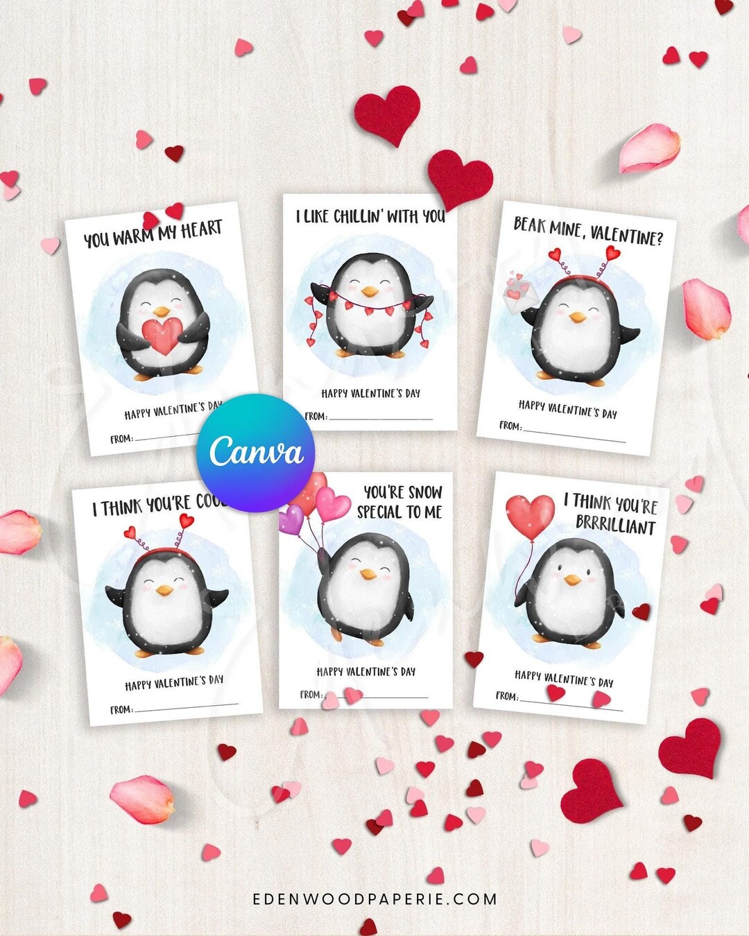 EDITABLE Penguin Valentine's Day Cards, Penguin Classroom Valentine's ...