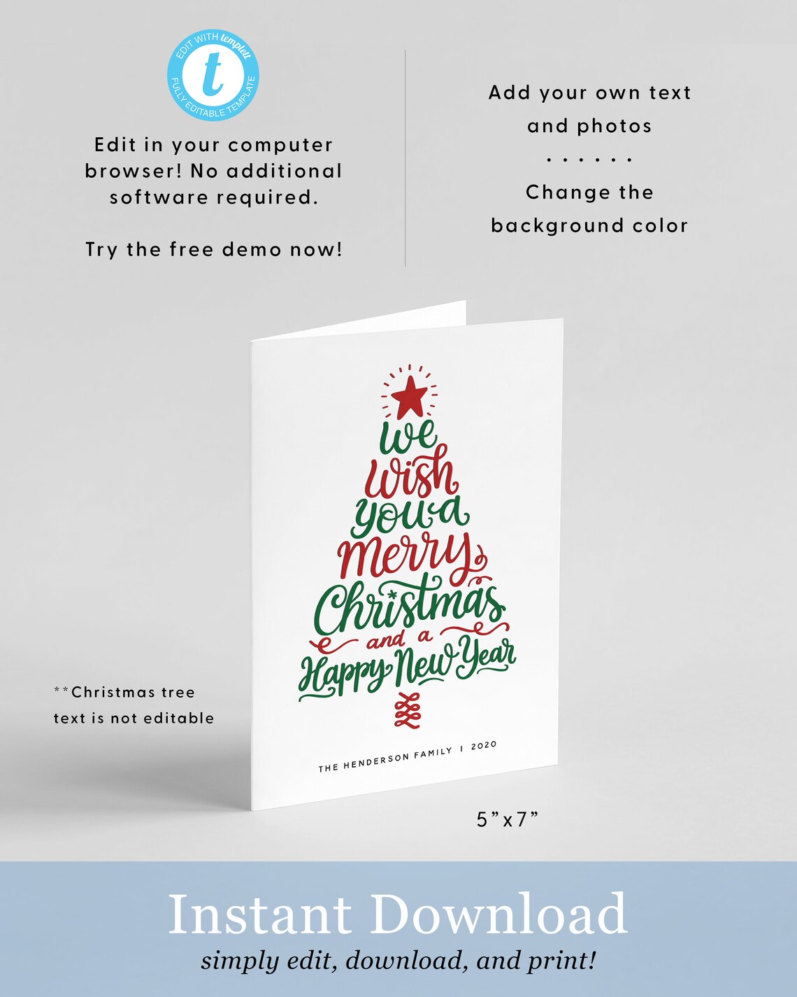 Folded Christmas Card Template, Printable Christmas Cards, 5x7" Happy ...