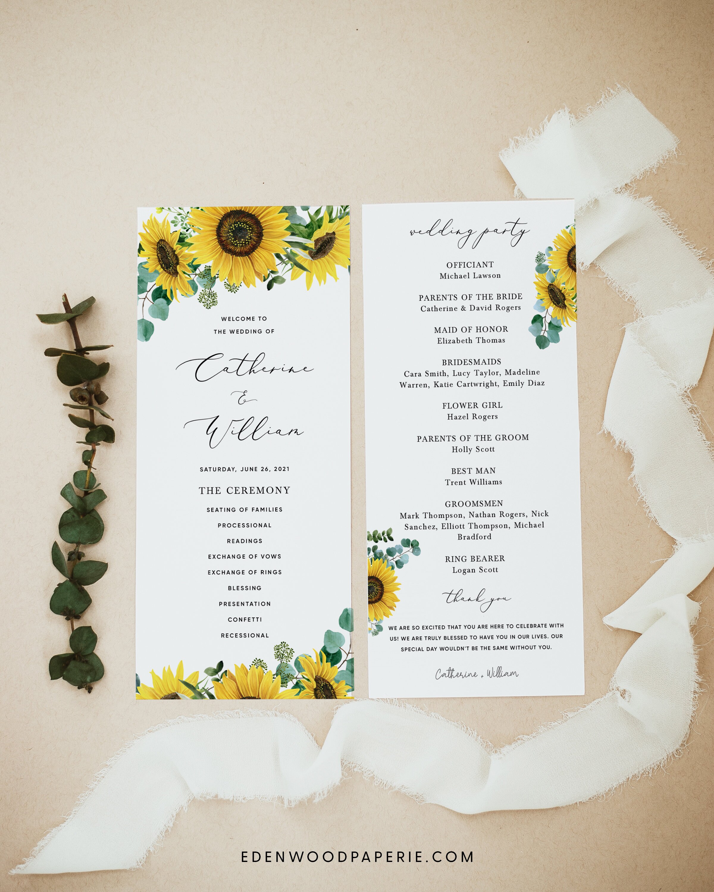 Sunflower Wedding Program Template Rustic Sunflower | Etsy