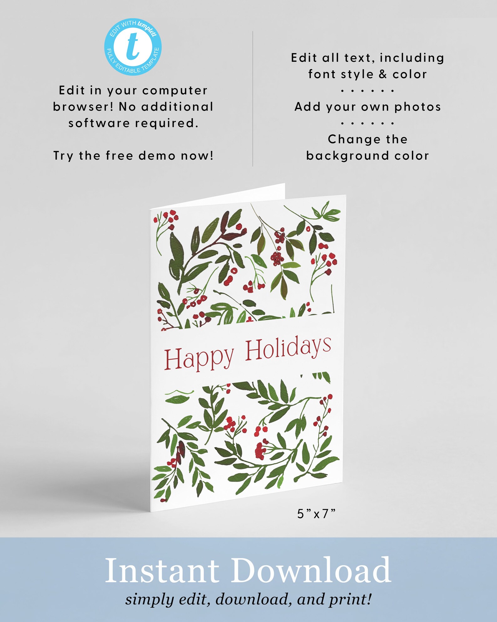 Printable Christmas Cards, Folded Merry Christmas Card Template, 5x7 ...