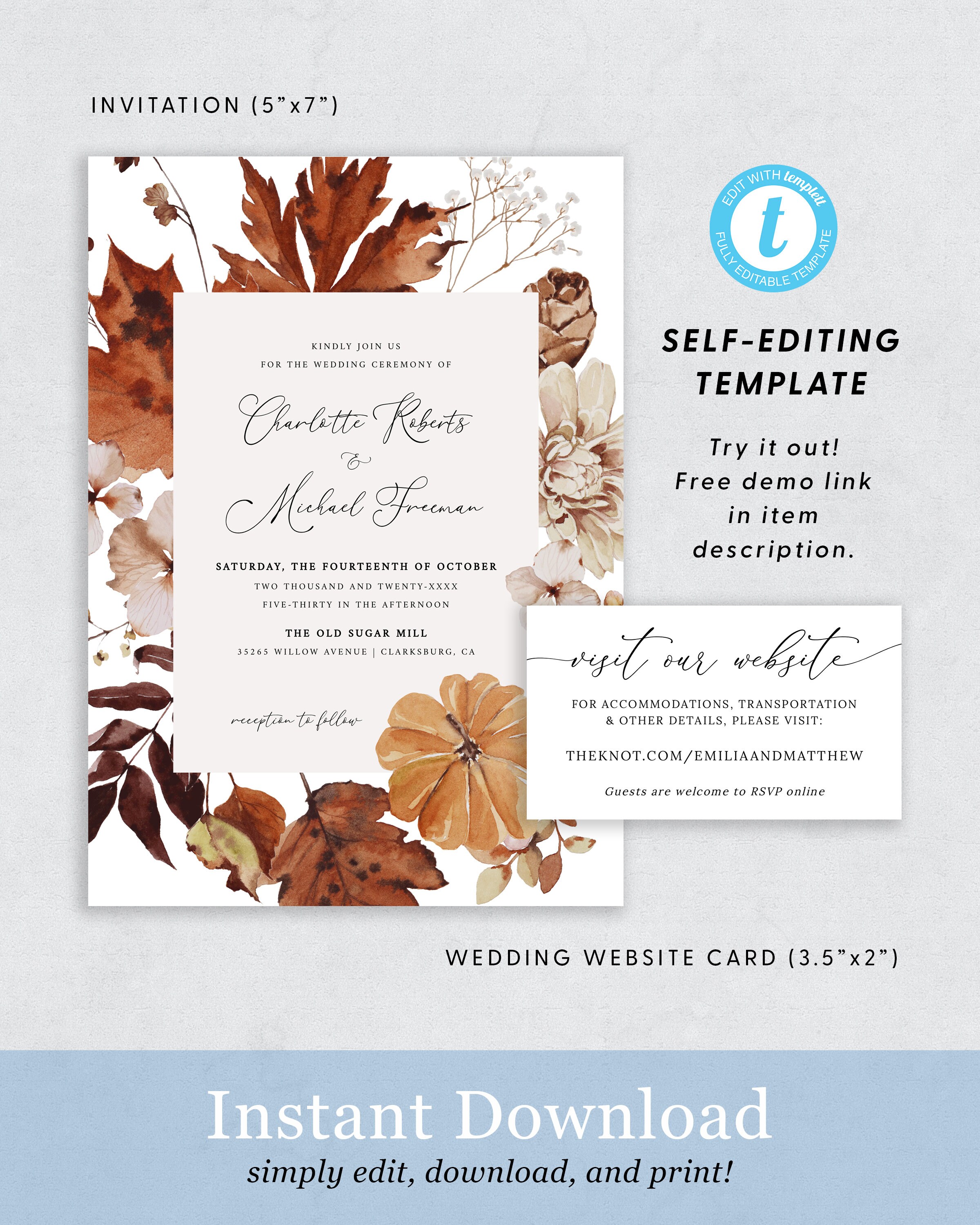 Fall Wedding Invitation Template Autumn Wedding Invitation - Etsy
