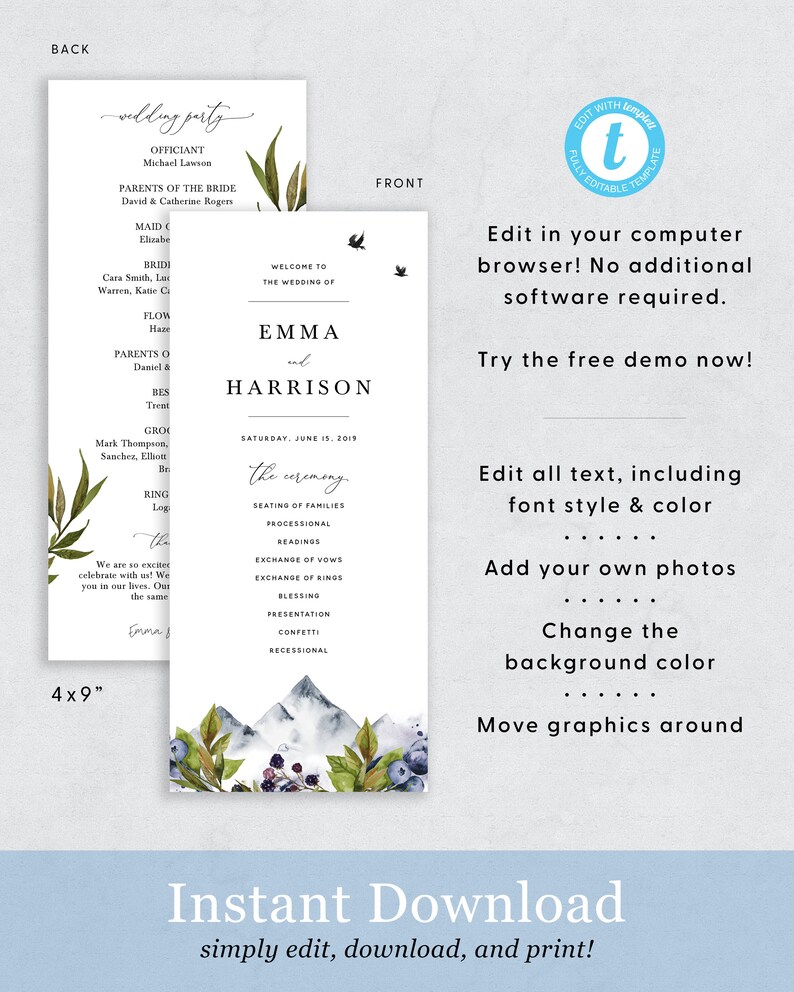 Rustic Wedding Program Template Mountain Wedding Program | Etsy